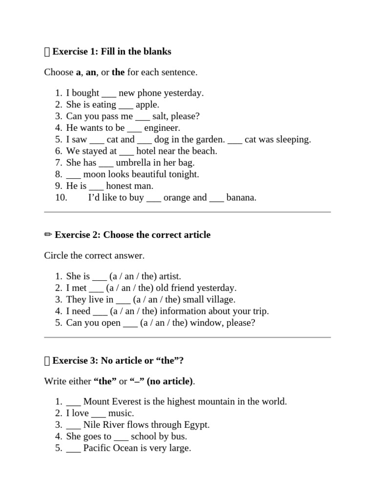 Article Usage Exercises for Beginners | PDF