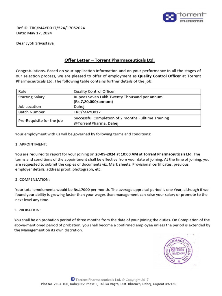 Offer Letter for Quality Control Officer | PDF | Employment | Business