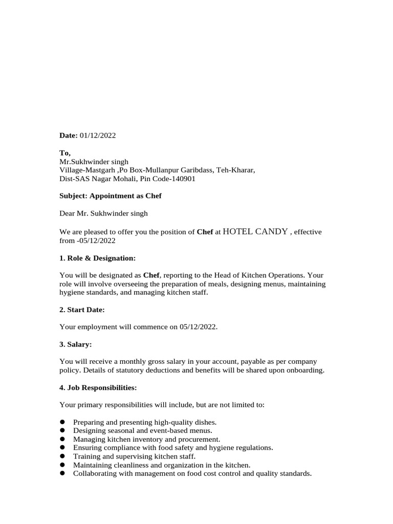Chef Appointment Letter at HOTEL CANDY | PDF