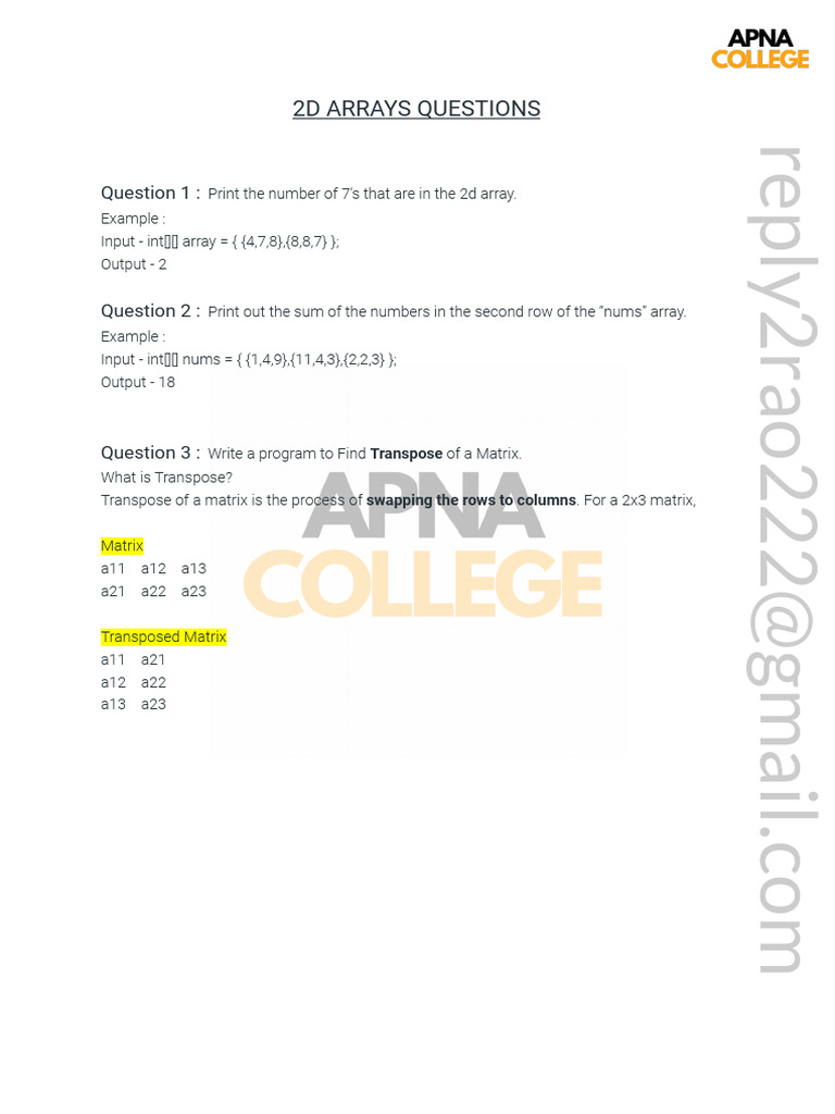 2D Arrays Questions | PDF