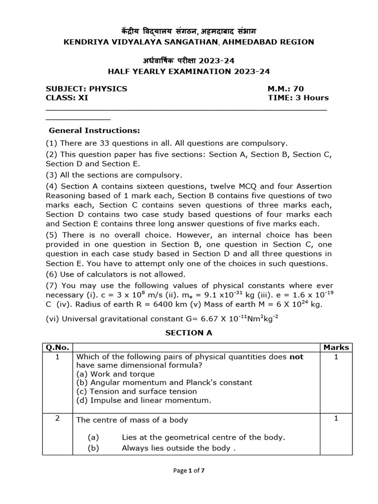 Physics QP Hy Class Xi Set 2 2023 | PDF | Force | Acceleration