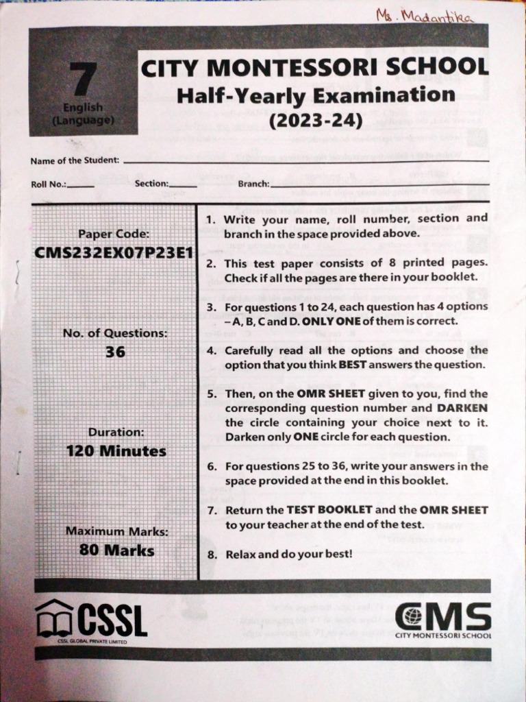 Class 7 Half Yearly Exam 2023-2024 | PDF