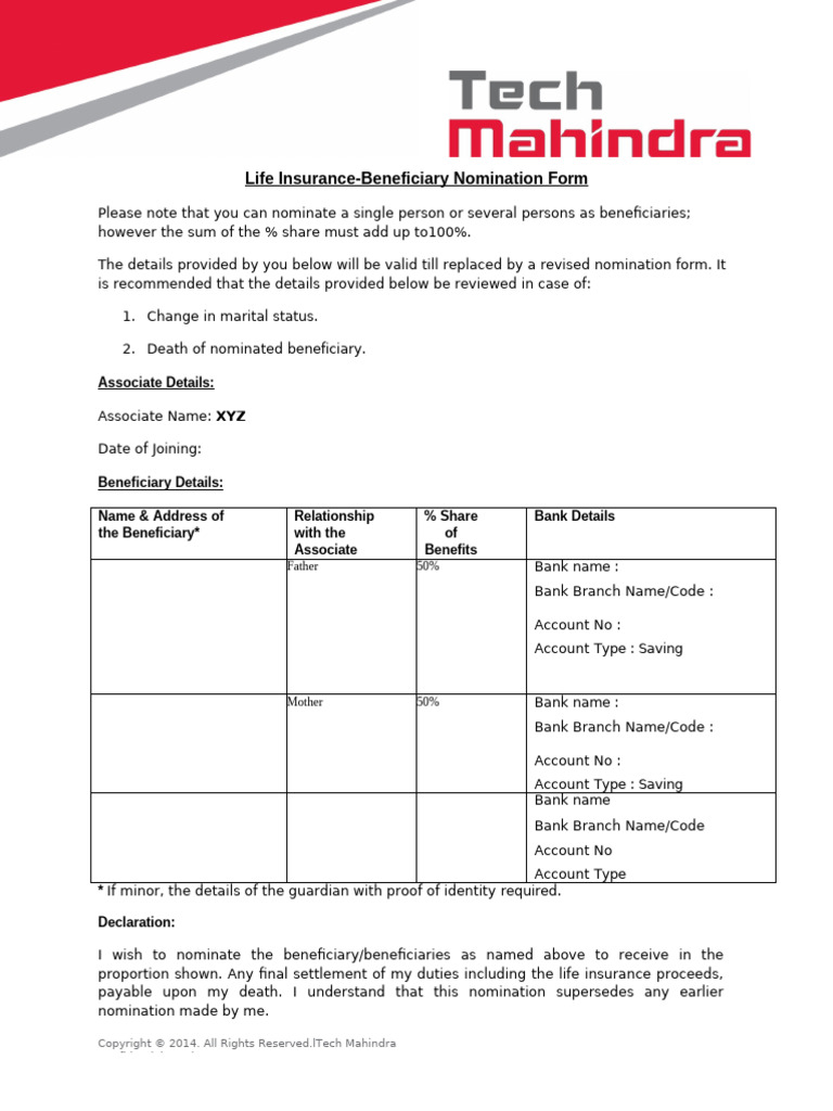 Life Insurance Beneficiary Nomination Form 2274626 | PDF