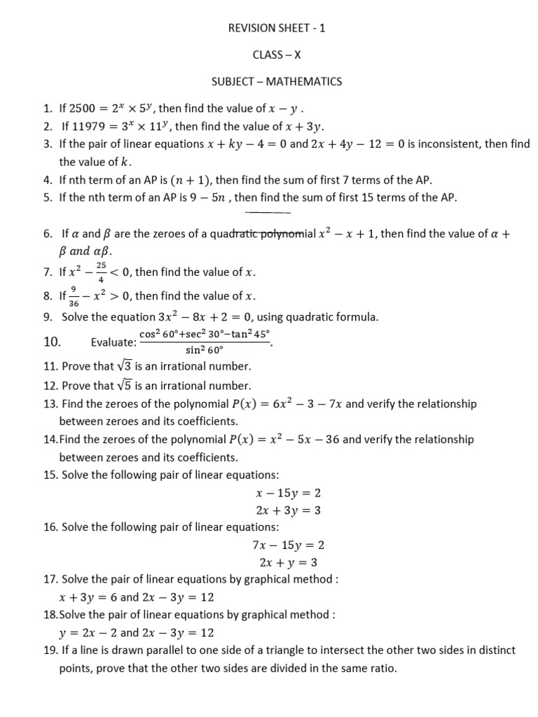 Class X Mathematics Revision Sheet | PDF