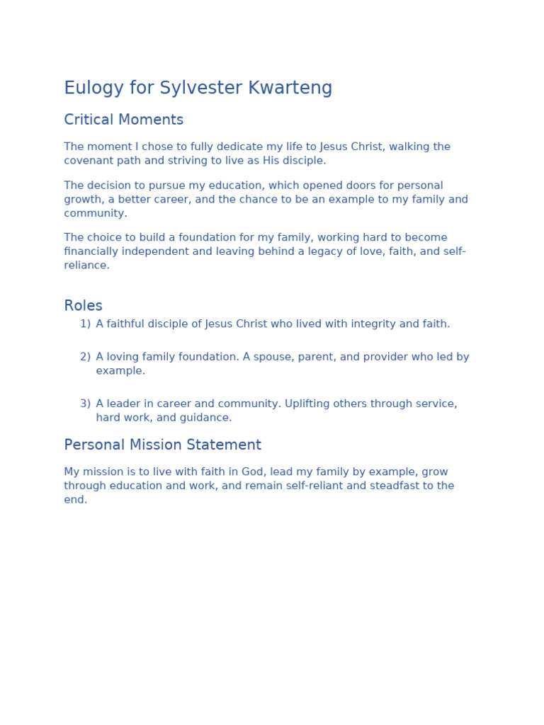Kwarteng - W02 Activity - Life Plan and Personal Eulogy-Eulogy ...