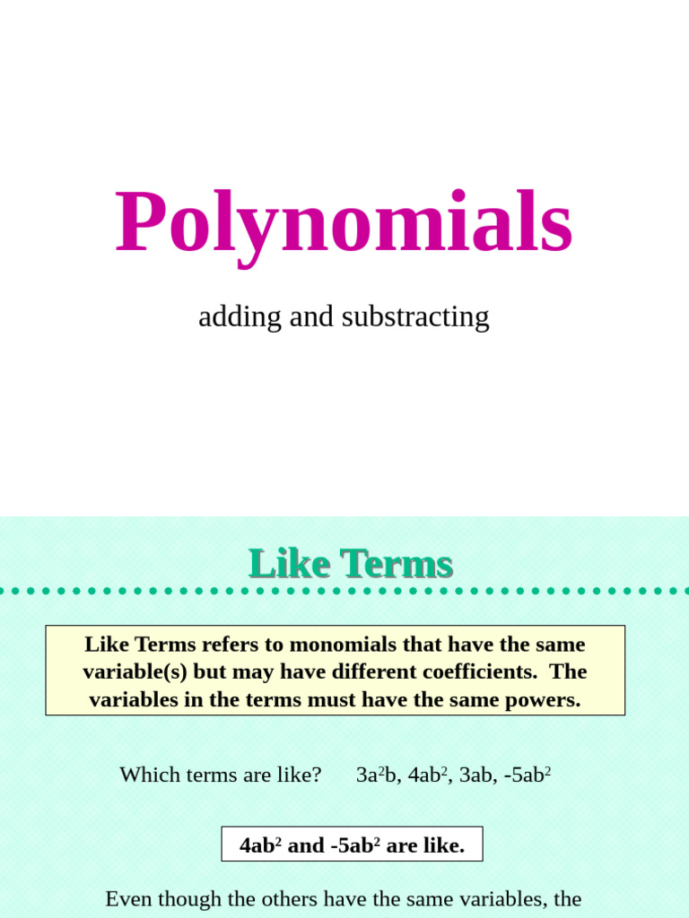 Adding and Subtracting Polynomials | PDF | Mathematical Analysis ...