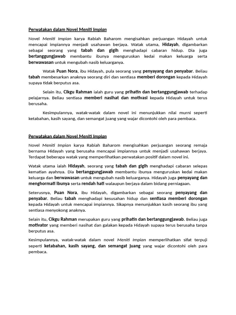 Perwatakan Dalam Novel Meniti Impian | PDF