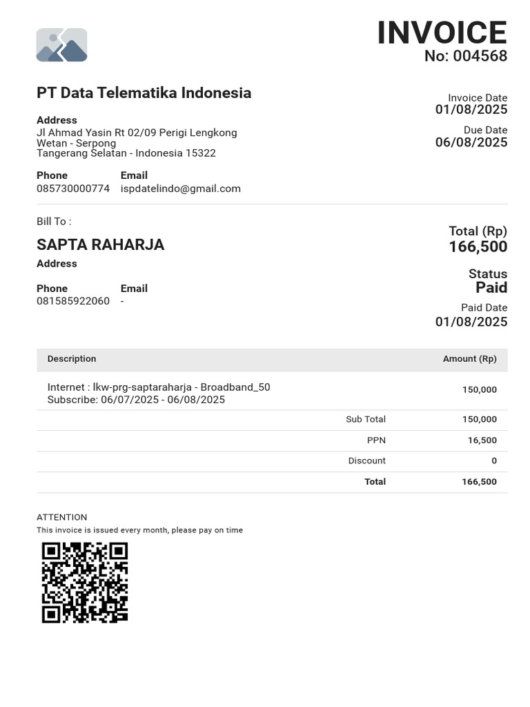 Monthly Internet Invoice for SAPTA RAHARJA | PDF