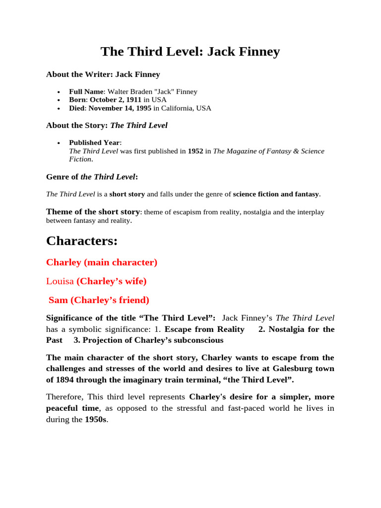 Jack Finney's The Third Level Analysis | PDF | Reality | Psychological ...