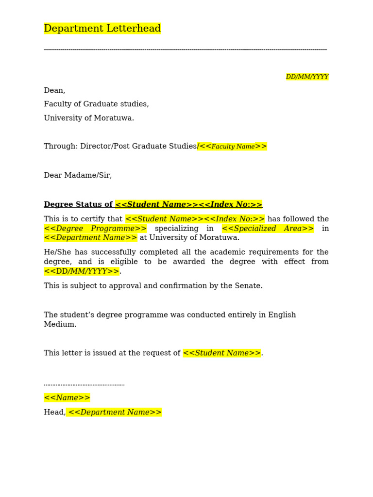 1 - 4 - 5 - Format For Letter From HoD On Degree Completion | PDF