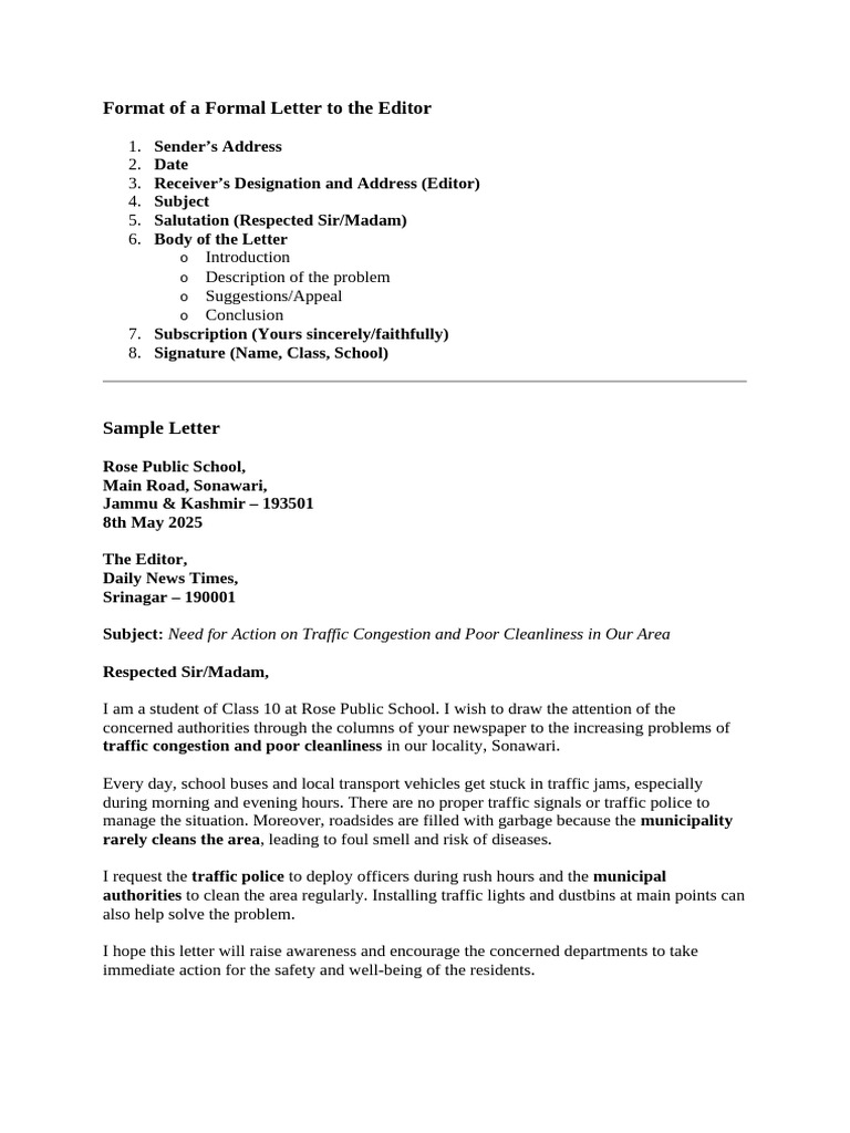 Format of A Formal Letter To The Editor | PDF