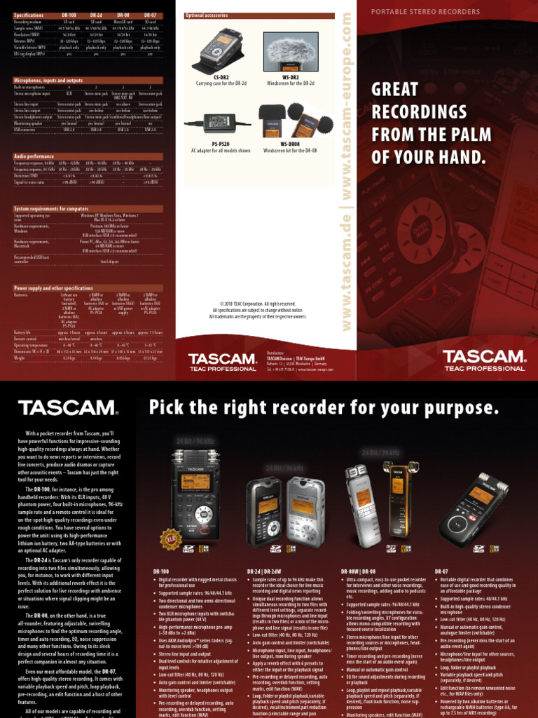 Tascam Portable Recorder Specifications | PDF | Microphone ...