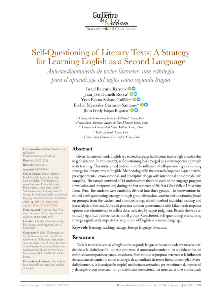 Self Questioning of Literary Texts A Strategy For Learning English As A ...