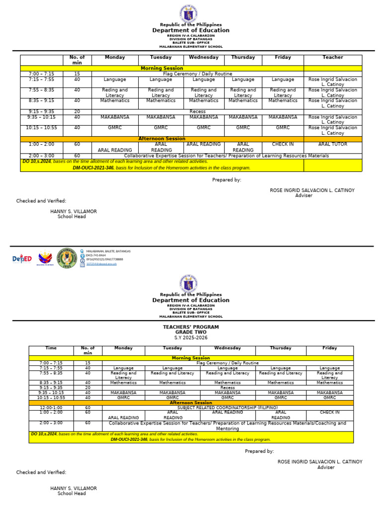 ARAL Program Schedule for Grade 1 | PDF | Reading (Process) | Behavior ...