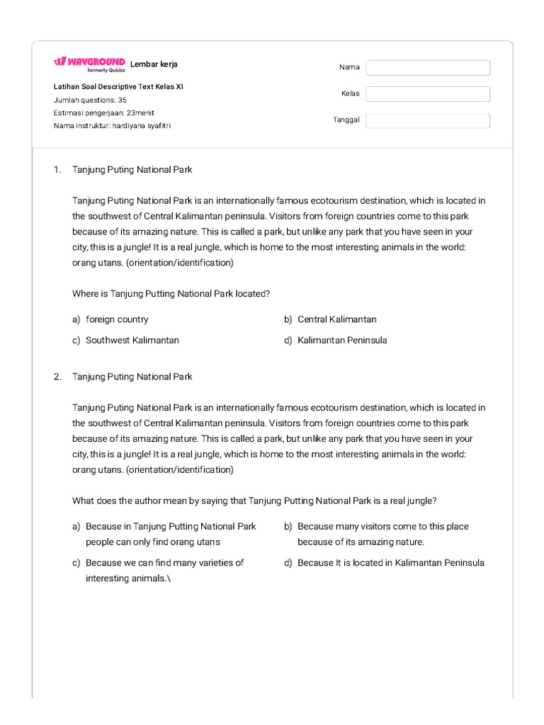 Latihan Soal Descriptive Text Kelas XI - Wayground | PDF | Orangutan