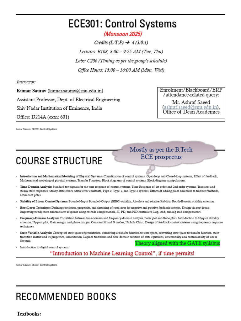 ECE301 Control Systems Course Overview | PDF | Feedback | Control Theory