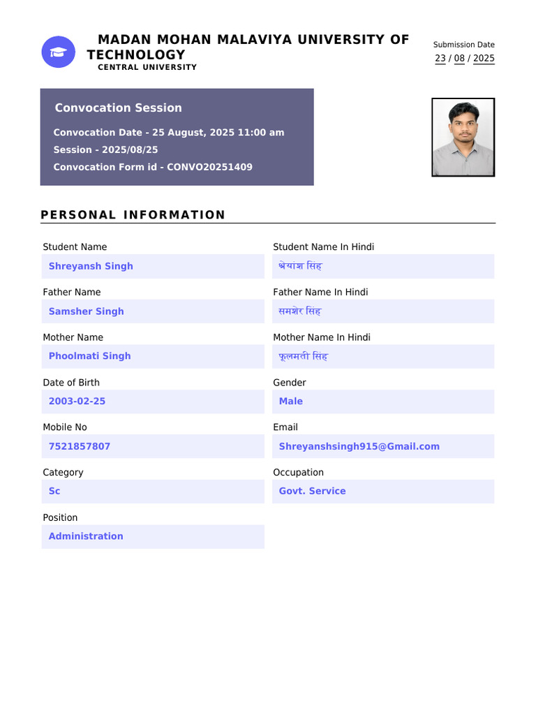 Convocation Form Shreyansh Singh | PDF