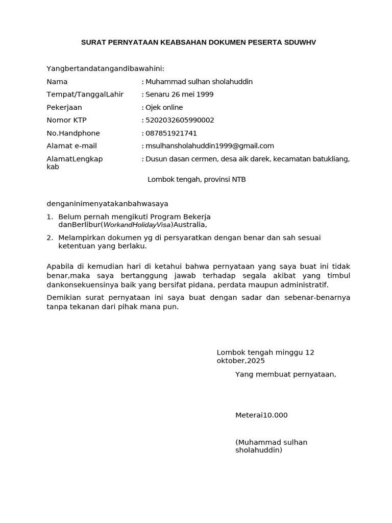 Surat Pernyataan Keabsahan Dokumen SDUWHV | PDF