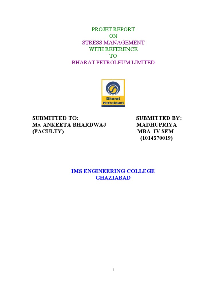 Stress Management: Projet Report ON With Reference TO | PDF | Research ...