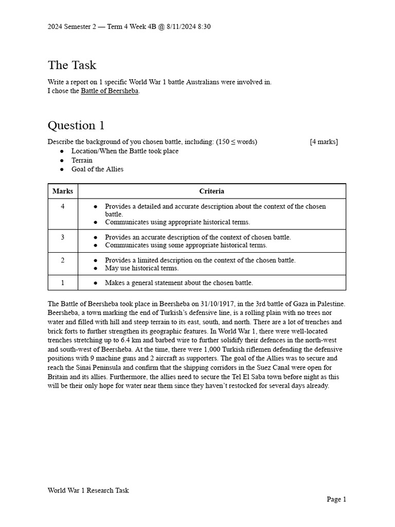 World War 1 Research Task | PDF | Battles | Military