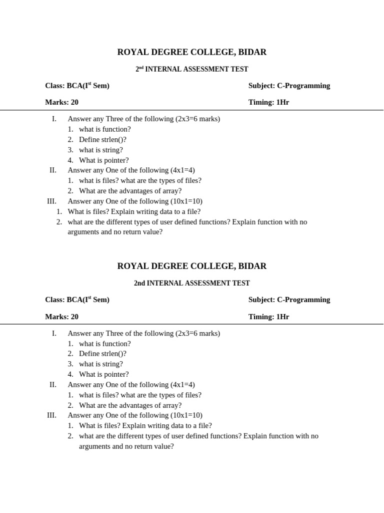 BCA 1st Sem Second Internal Question Paper C Programming | PDF
