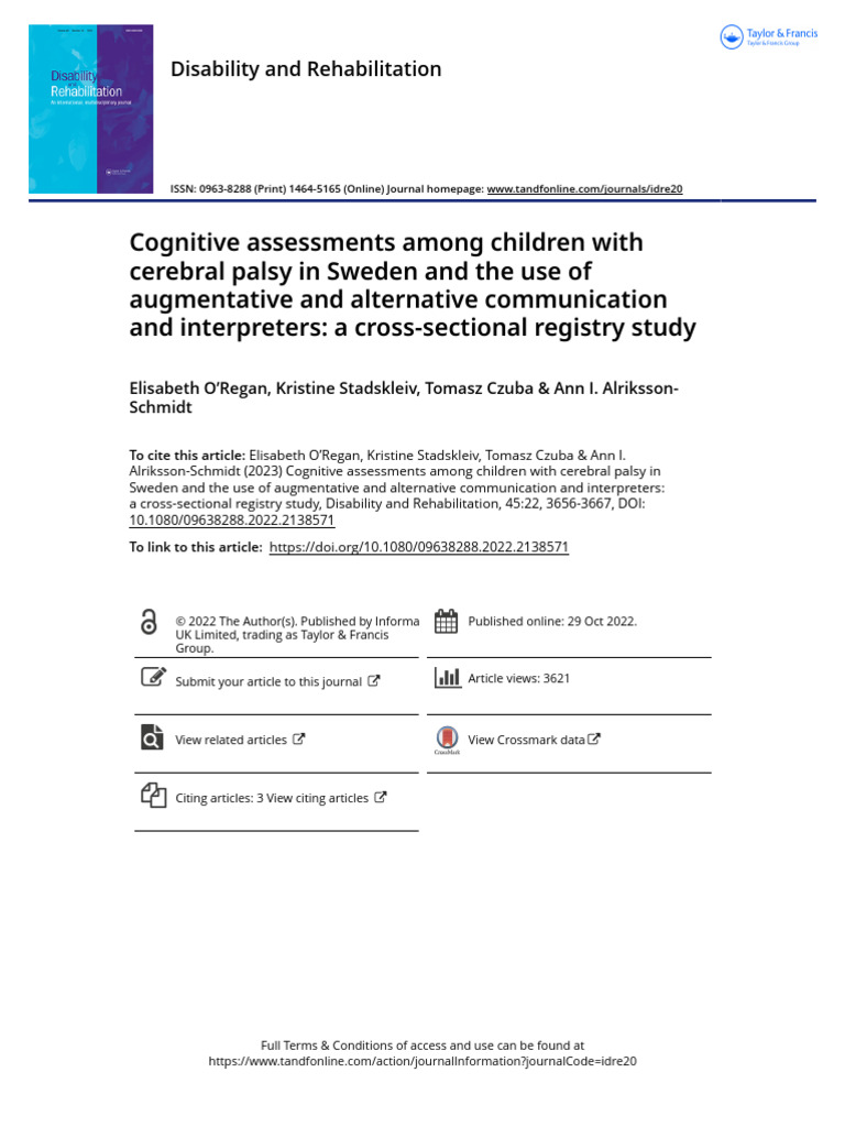 Cognitive Assessments Among Children With Cerebral Palsy in Sweden and ...