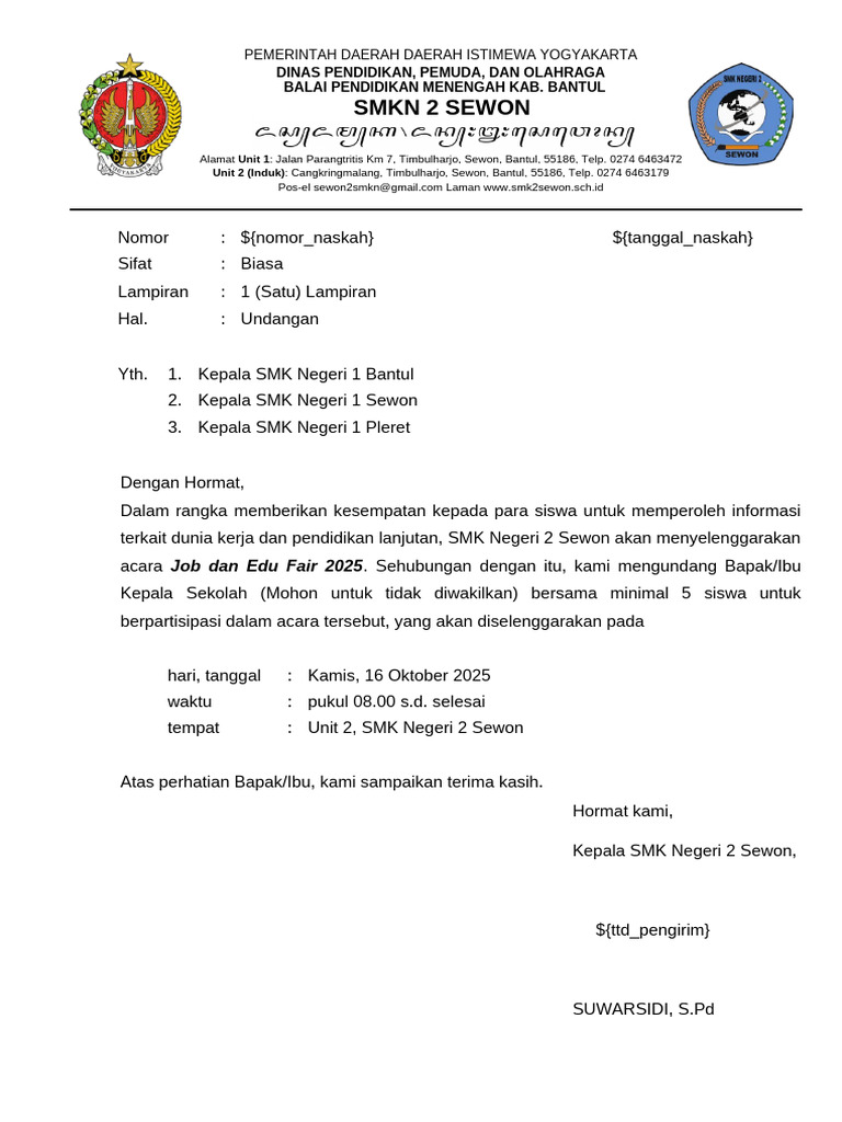 Undangan Job & Edu Fair 2025 SMK 2 Sewon | PDF