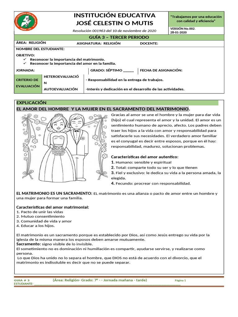 7º Guía 3 - 701 - 702 Religión | PDF | Matrimonio | Amor