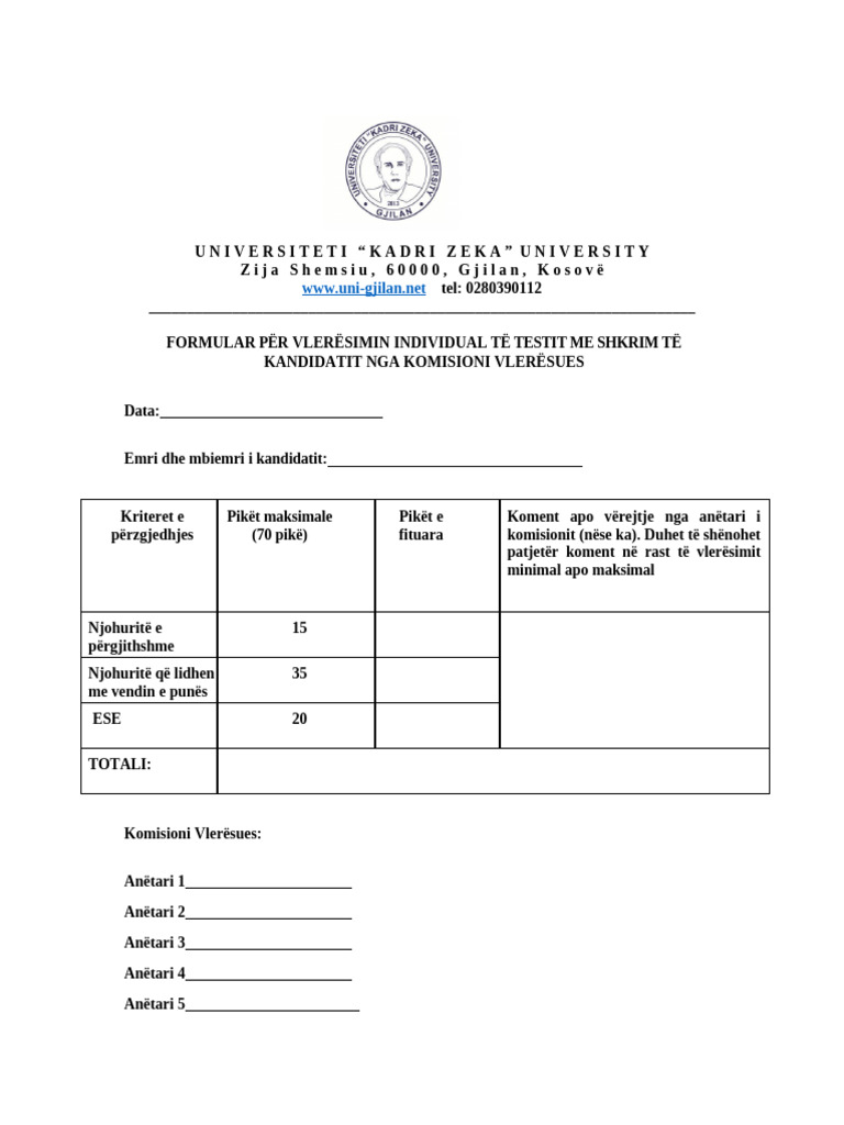 Formular I Vlerësimit Individual Të Anëtarit Të Komisionit Për ...