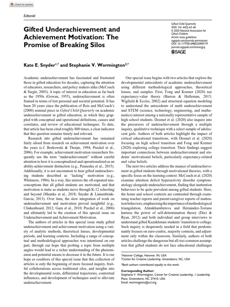 Snyder Wormington 2020 Gifted Underachievement and Achievement ...