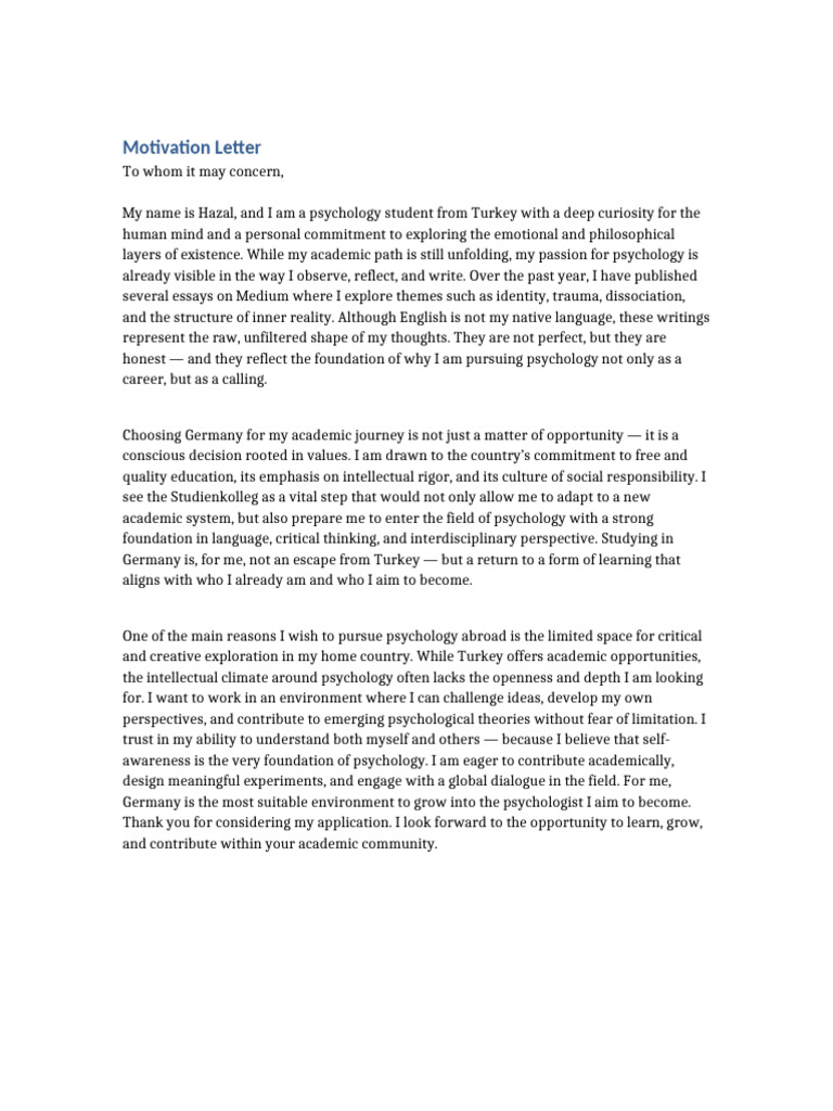 Motivation Letter for Psychology Studies | PDF