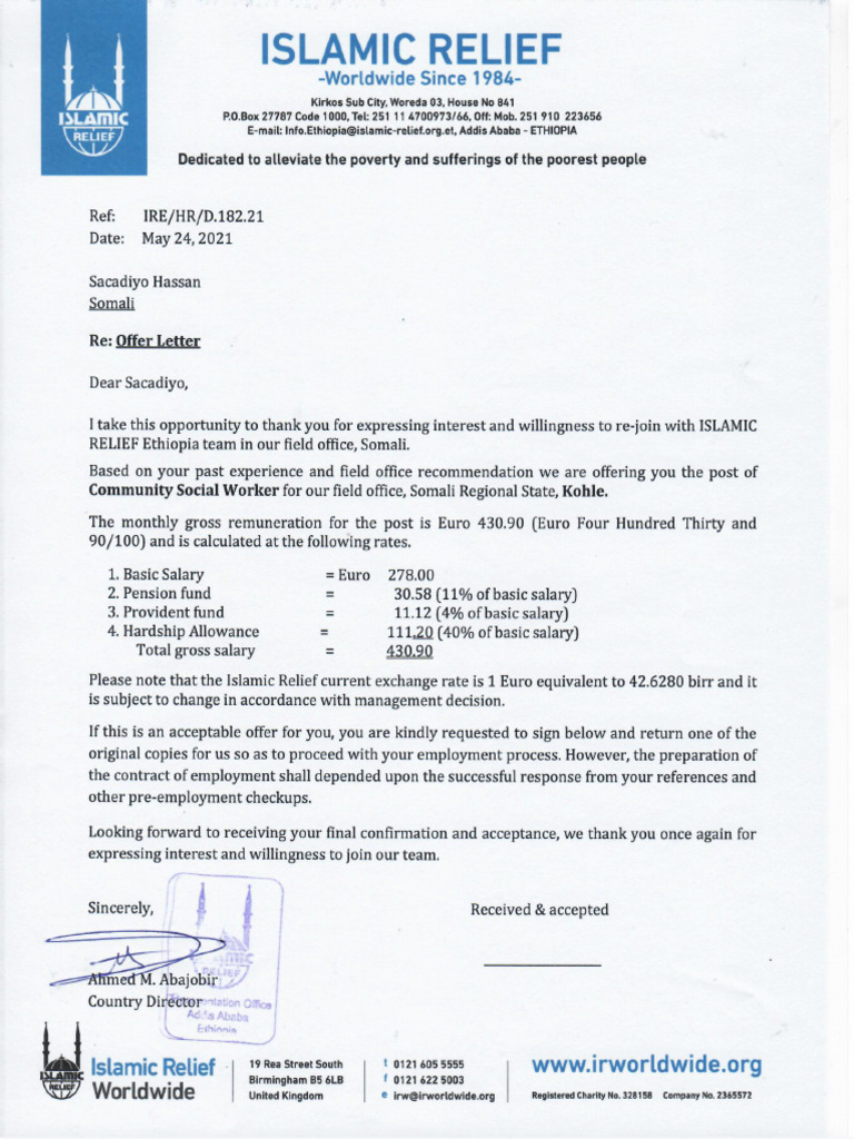 Sacadiyo Hassan's Offer Letter | PDF