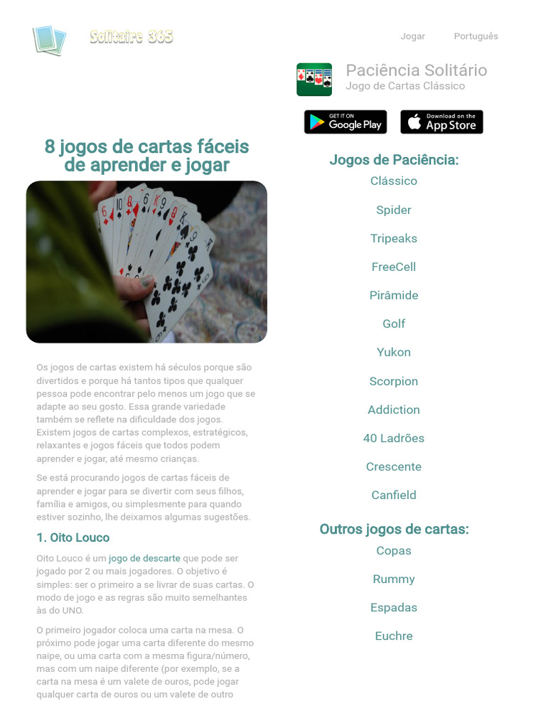 8 Jogos de Cartas Fáceis de Aprender e Jogar - Solitaire 365 | PDF ...