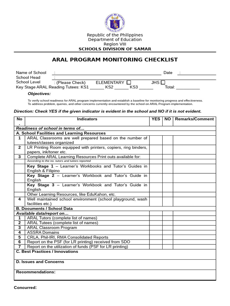 ARAL Program Monitoring Checklist | PDF