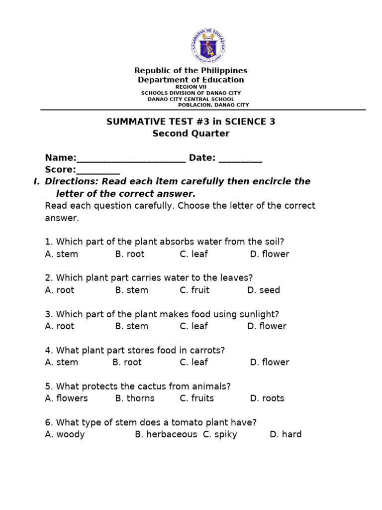 Science 3 Summative Test #3 Guide | PDF | Root | Plants