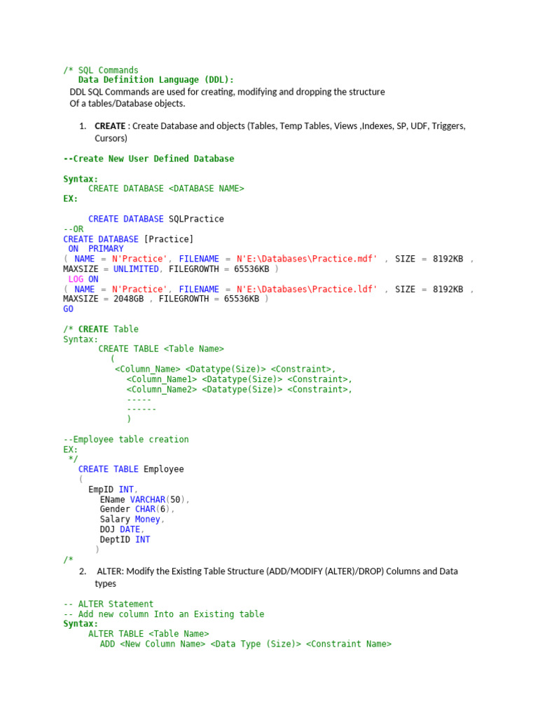 1 - SQL DDL Commands | PDF