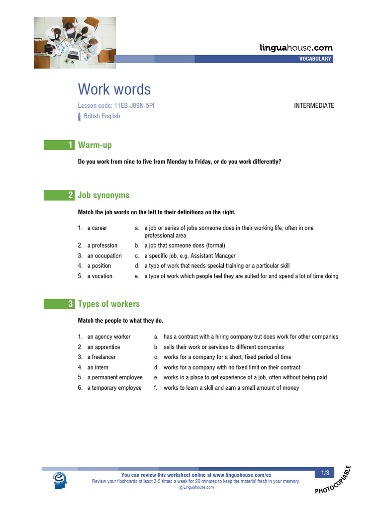 Work Vocabulary for Intermediate Learners | PDF | Employment | Labor