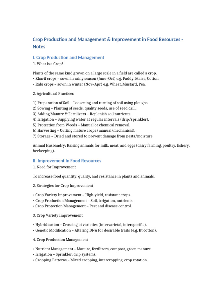 Crop Production and Improvement in Food Resources Notes | PDF