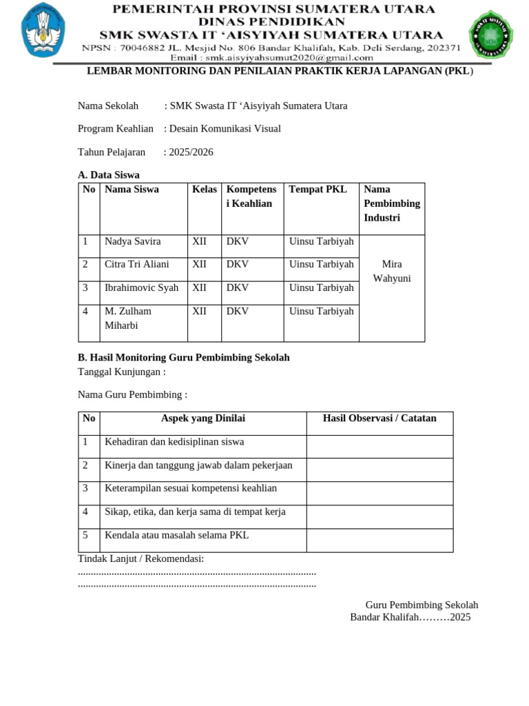 Monitoring PKL SMK DKV 2025/2026 | PDF