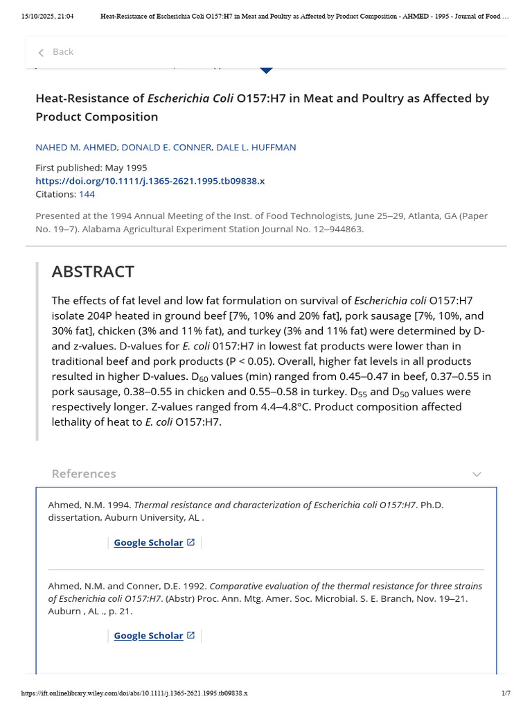 Escherichia Coli: Heat-Resistance of O157:H7 in Meat and Poultry As ...