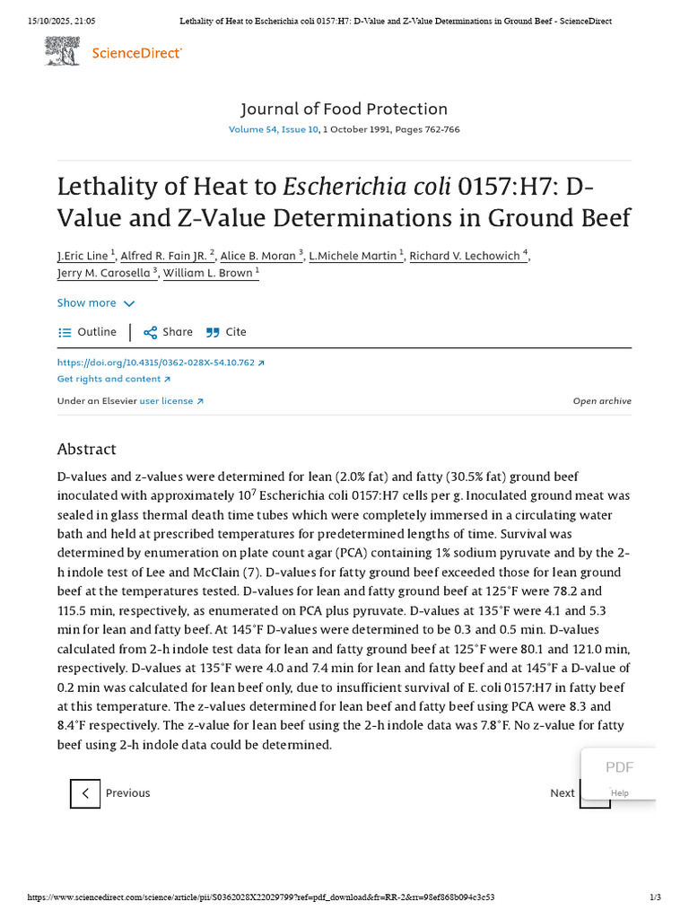 Lethality of Heat To Escherichia Coli 0157 - H7 - D-Value and Z-Value ...