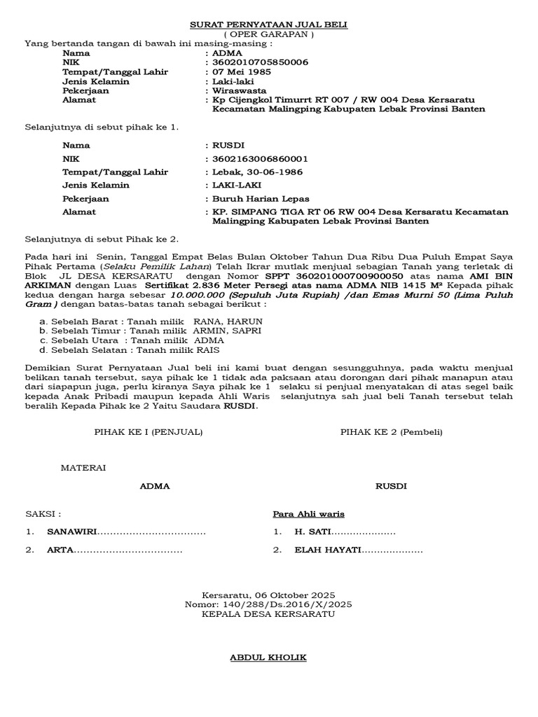 Surat Pernyaan Jual Beli Adam Rusdi | PDF