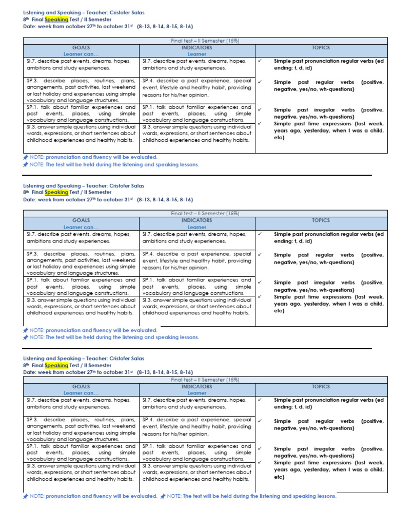 Topics FINAL Speaking Test II Semester 8th | PDF | Question | Vocabulary