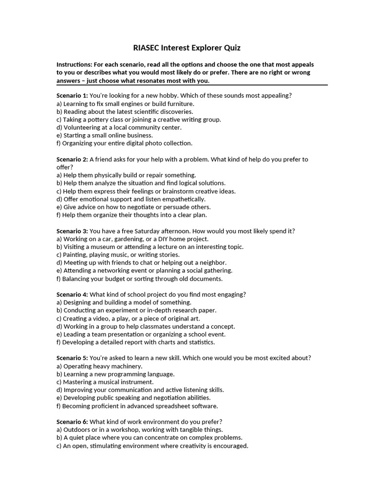 RIASEC Career Interest Quiz | PDF | Learning | Leadership