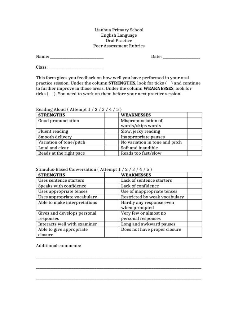 ORAL PRACTICE - Peer Assessment Rubrics - Upper Pri | PDF