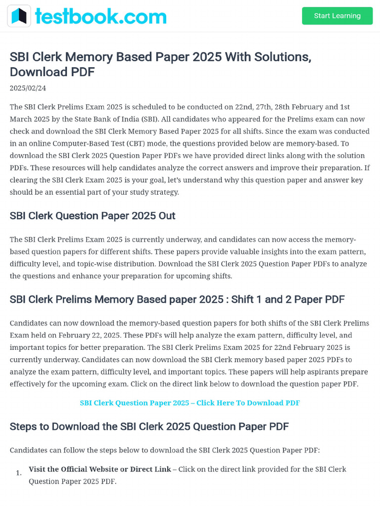 Sbi Clerk Question Paper 2025 | PDF