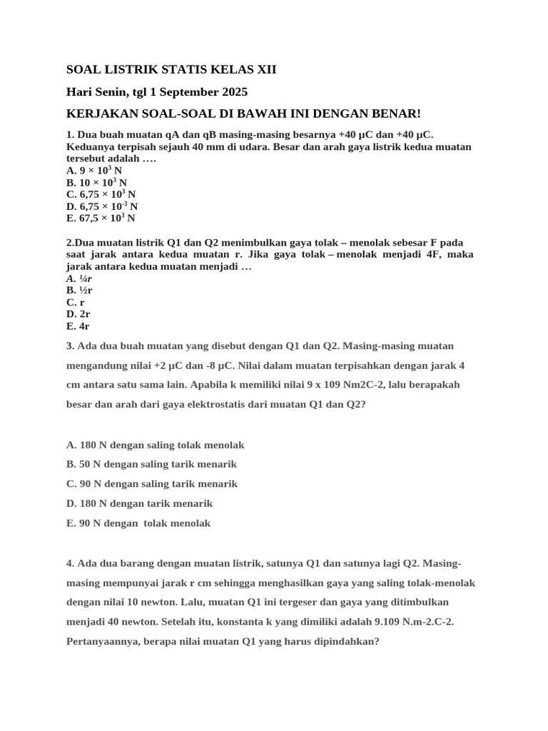 Soal Listrik Statis Kelas XII 2025 | PDF