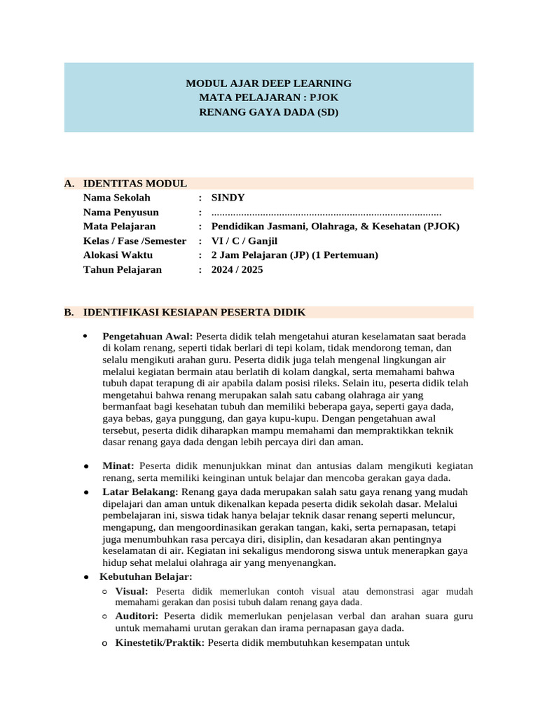 Modul Ajar Renang Gaya Dada SD | PDF