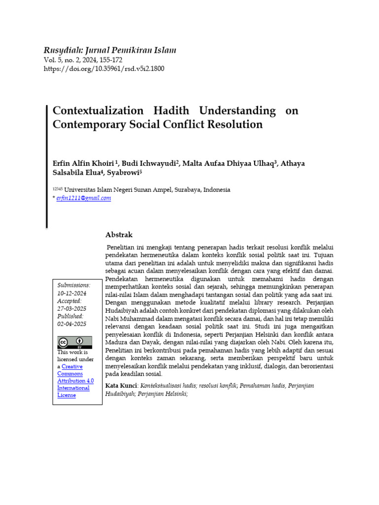 Contextualization Hadith Understanding on Contemporary Social Conflict ...