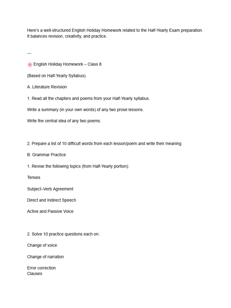 Class 8 English Holiday Homework Guide | PDF
